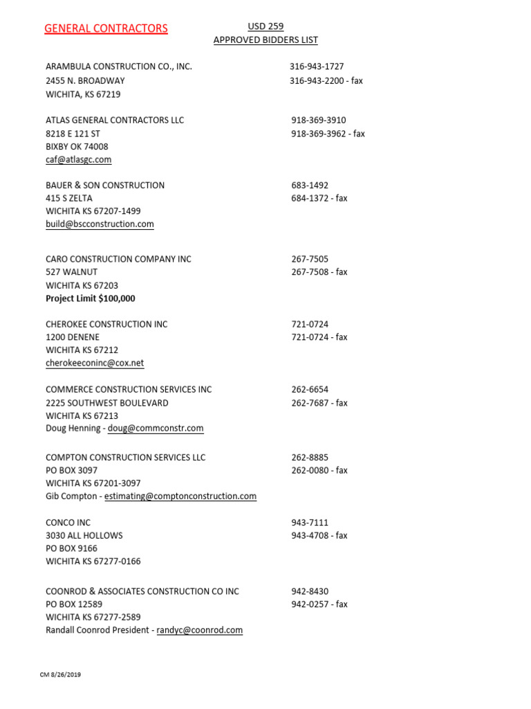 General Contractors: USD 259 Approved Bidders List | PDF | Wichita