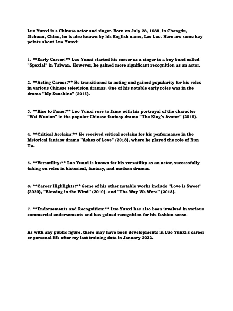Luo Yunxi Is A Chinese Actor and Singer | PDF Luo Yunxi Is A Chinese Actor and Singer | PDF