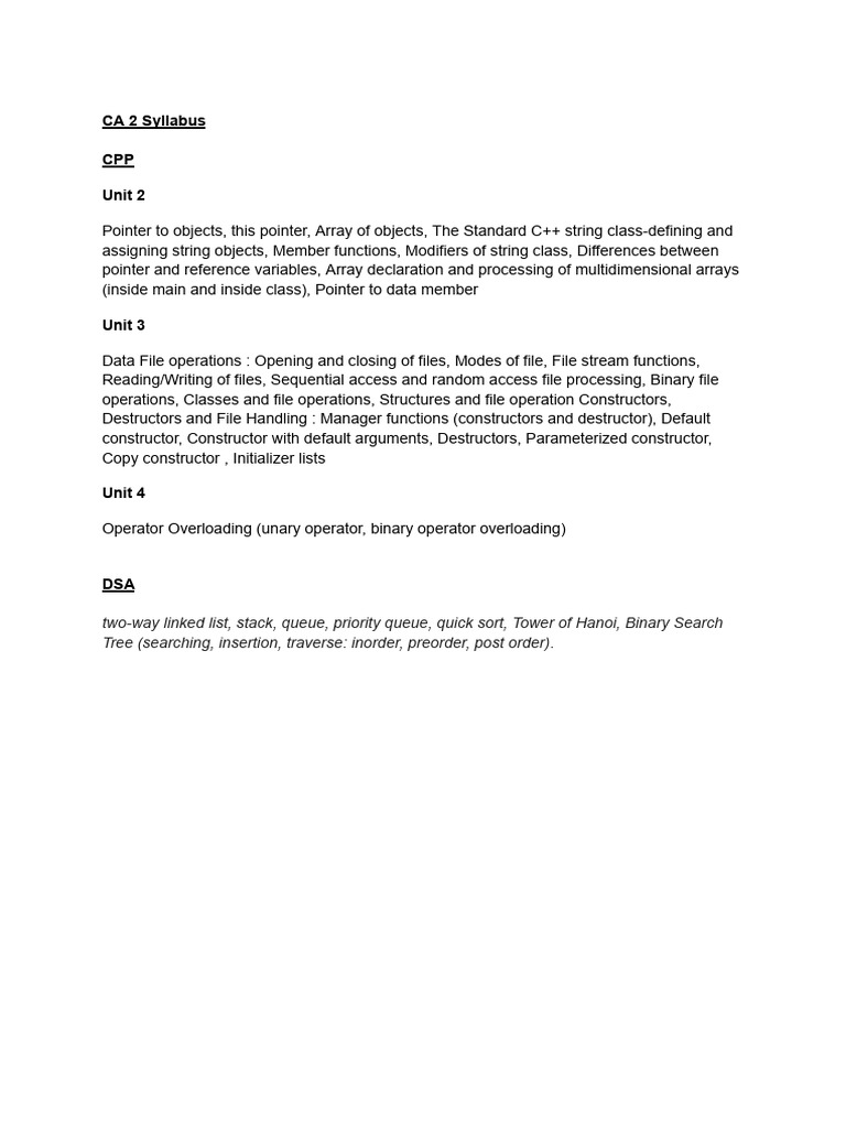 CA - 2 Syllabus of Dsa and CPP | PDF