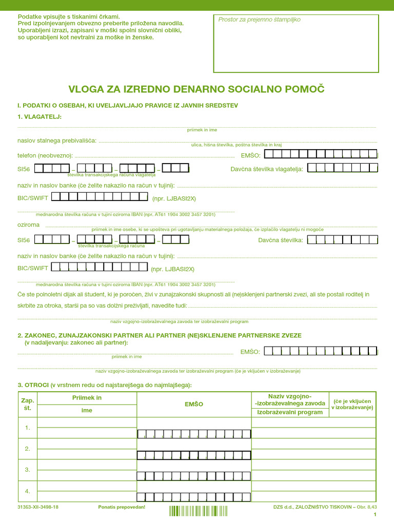 Vloga Za Izredno Denarno Socialno Pomoc | PDF