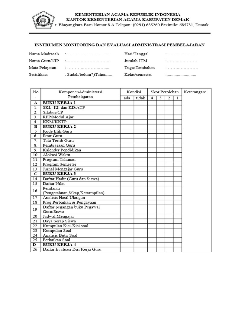 3. Instrumen Monev Administrasi Pembelajaran | PDF