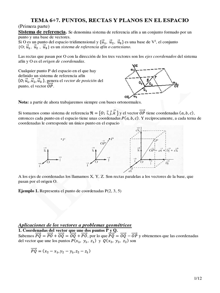 Tema 6+7. Ptos, Rect y Plan-Posicion Rela | PDF | Sistema coordinado | Vector Euclidiano