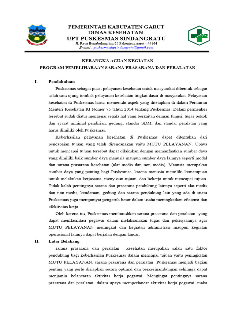 KAK Program Pemeliharaan Sarana Dan Prasarana Puskesmas | PDF