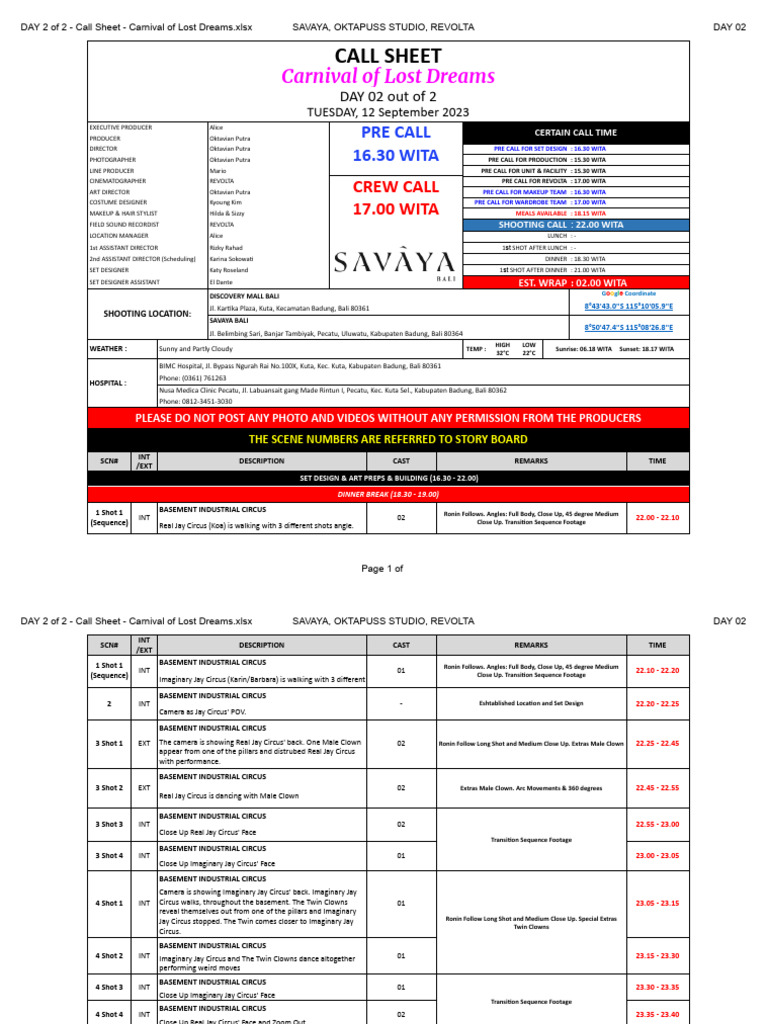 Carnival of Lost Dreams Call Sheet Day 2 | PDF | Entertainment ...