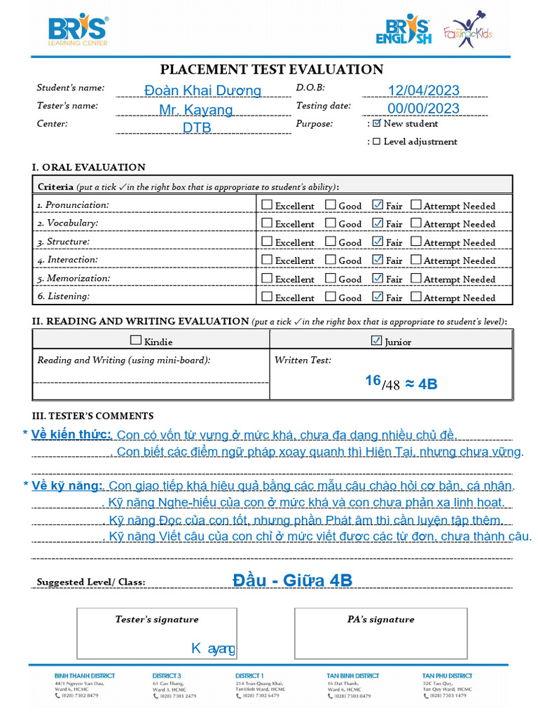 BRE - Form - Placement - Test - Evaluation (JUNIOR) | PDF