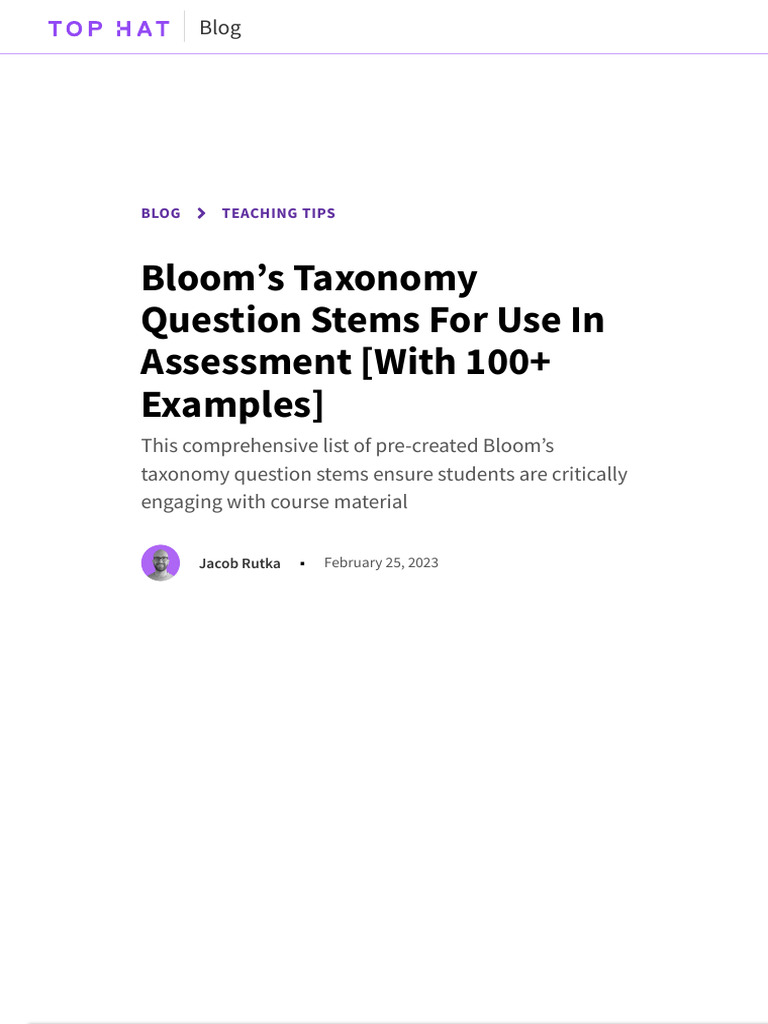Bloom's Taxonomy Question Stems Guide | PDF | Learning | Behavior ...