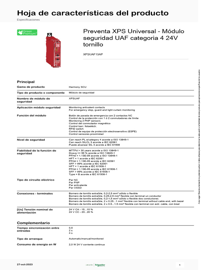 Módulo de Seguridad XPSUAF13AP 24V | PDF | Ingenieria Eléctrica ...