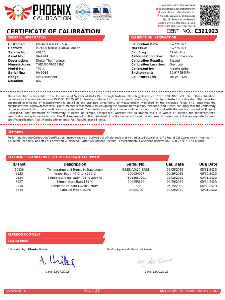 Certificate of Calibration: CERT. NO.: C321923 | PDF | Calibration | Metrology