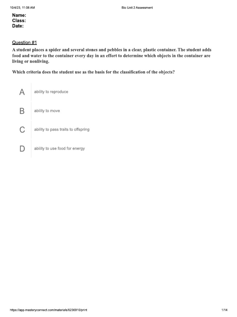 Bio Unit 2 Assessment (Released) | PDF