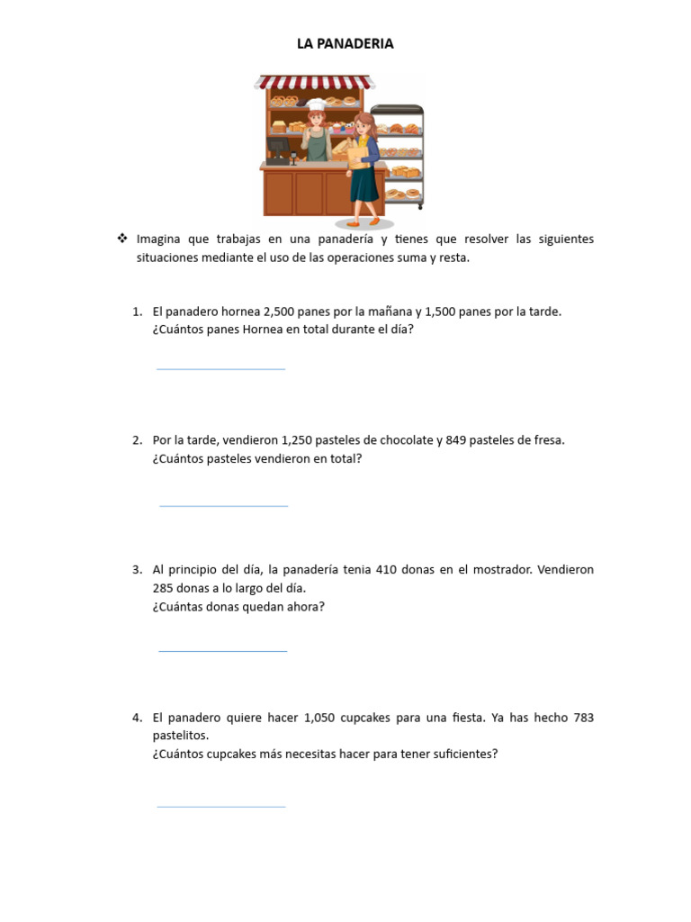 Problemas de suma y resta en panadería | PDF