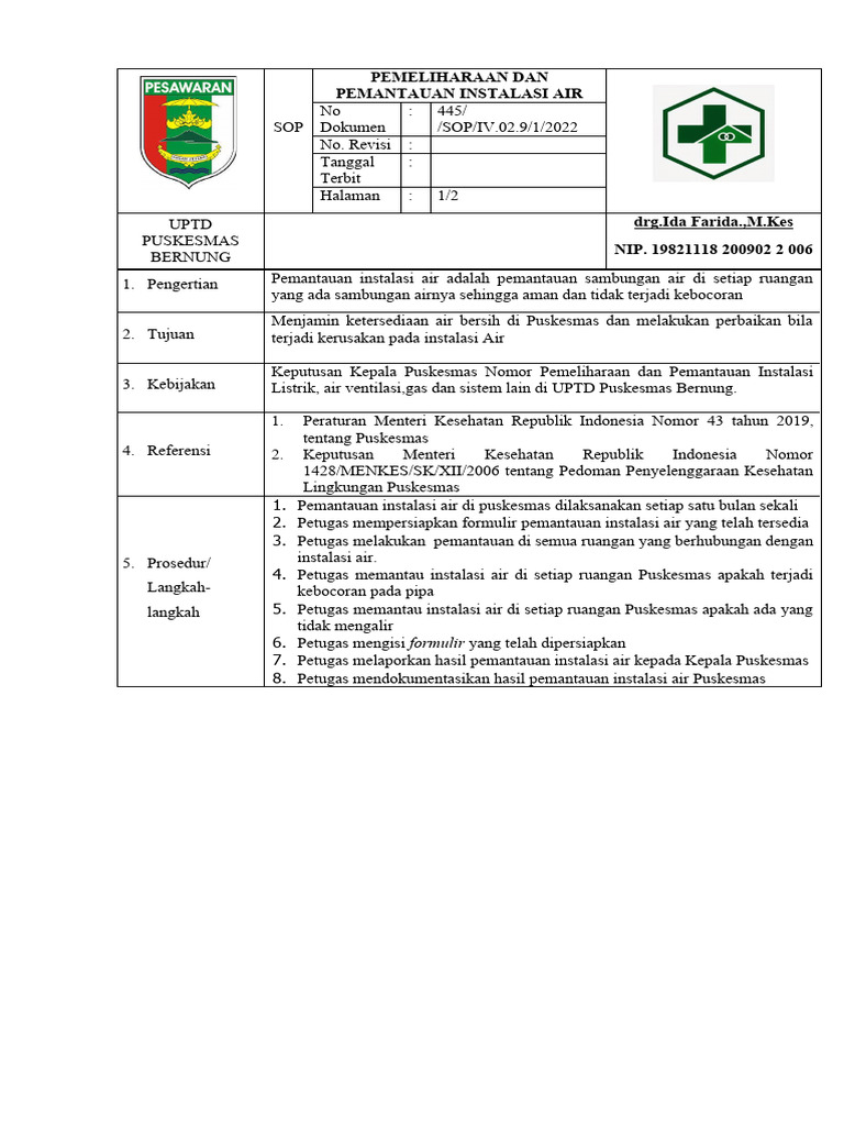SOP Pemeliharaan dan Pemantauan Instalasi Air | PDF