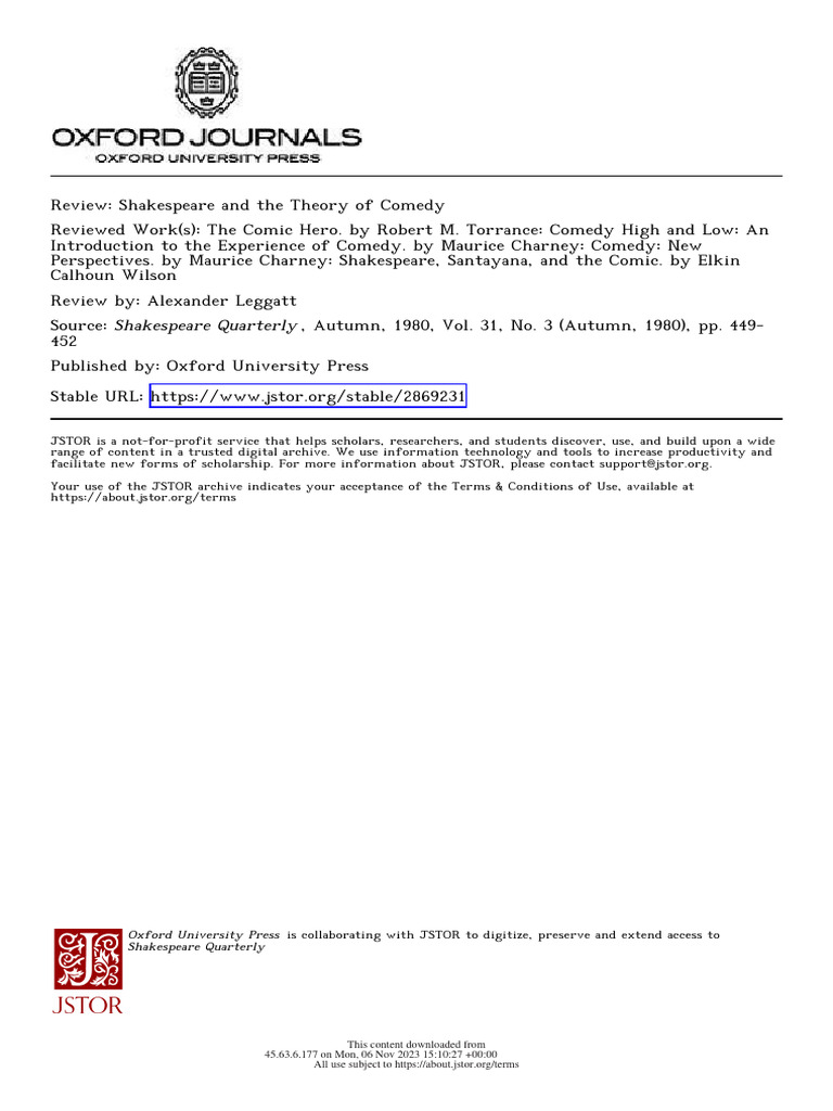 Shakespeare and The Theory of Comedy | PDF | Comedy | William Shakespeare
