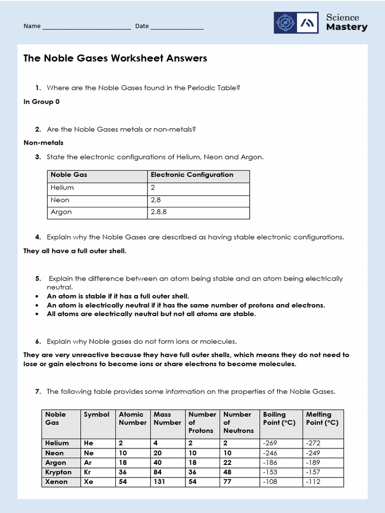 Noble Gases Worksheet and Answers | PDF | Gases | Electron Configuration