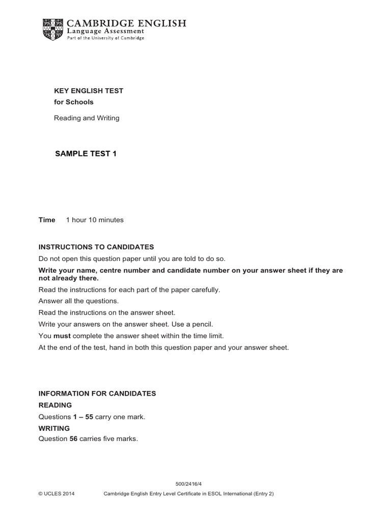 KET Cambridge English Key For Schools Sample Paper - Removed | PDF ...
