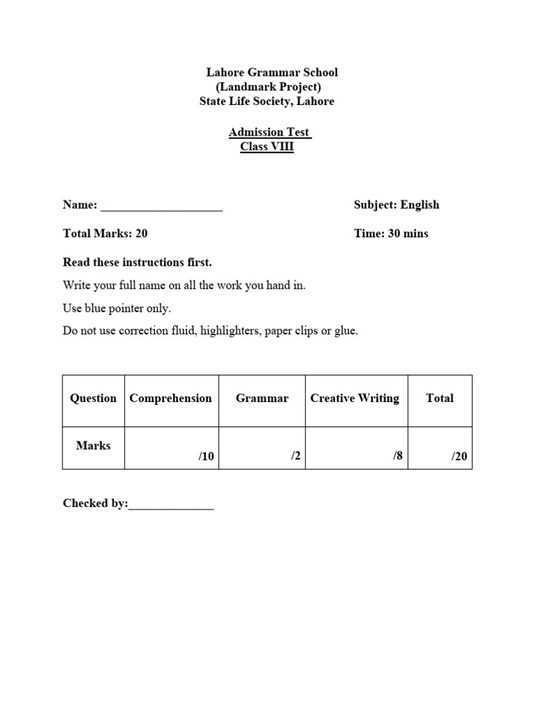 Admission Test (English Class 7) | PDF | Linguistics