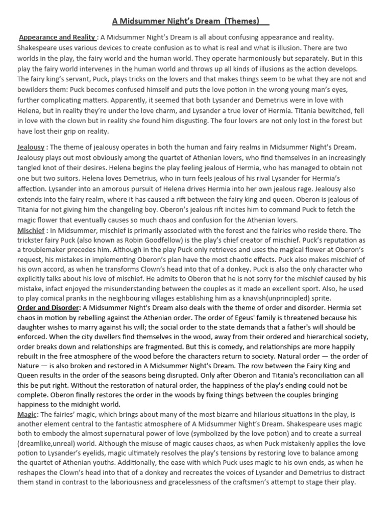 A Midsummer Night's Dream (Themes Summary) | PDF | A Midsummer Night's ...