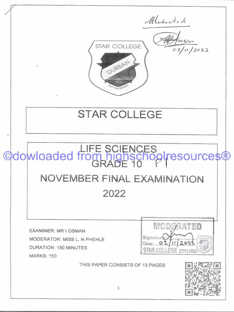 Life Science Grade 10: November Exam 2022 Paper 1 - QP ONLY | PDF