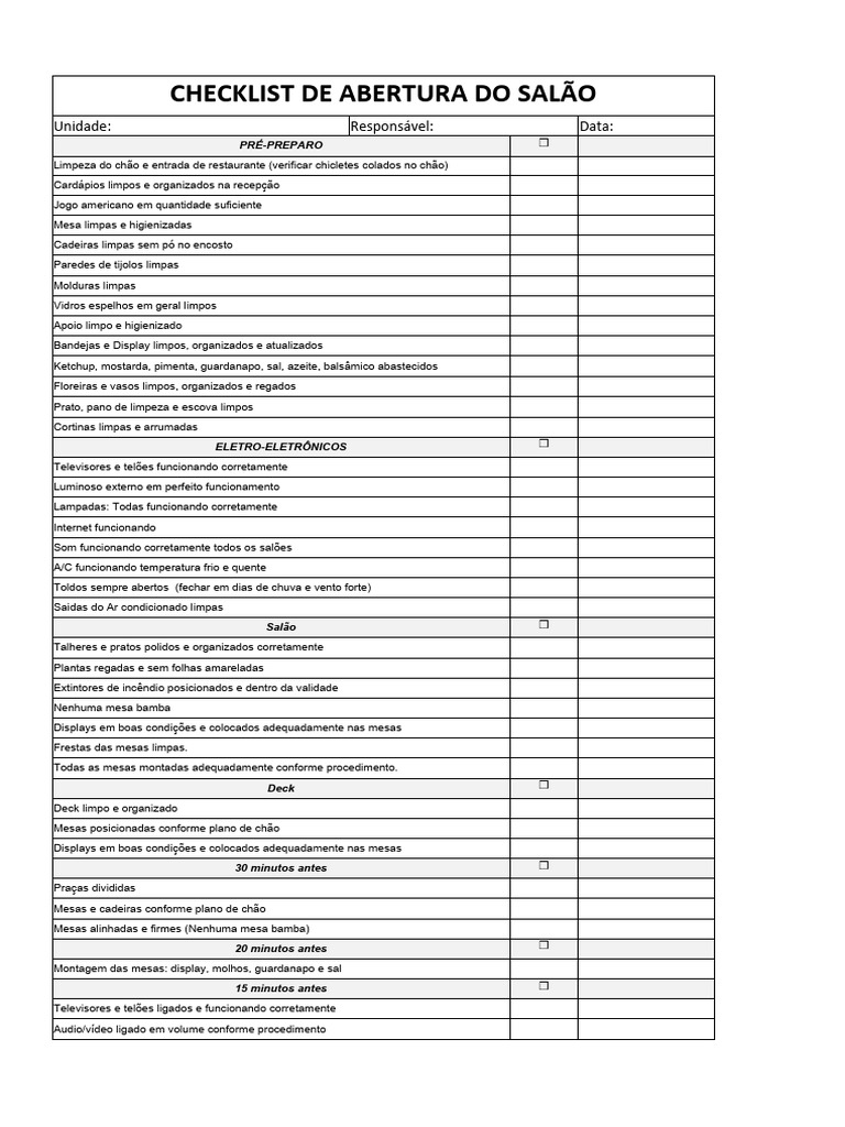 Checklist - Abertura e Fechamento | Download grátis PDF | Laranja (fruta)