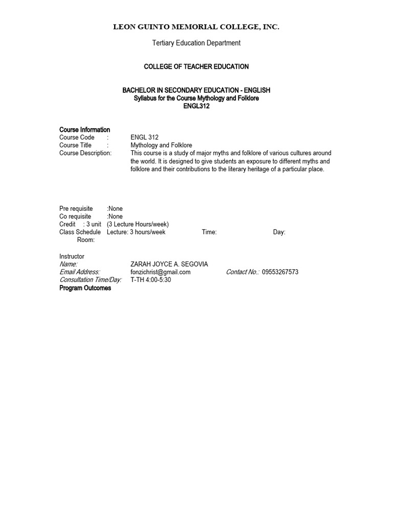 Course Outline Mythology and Folklore | PDF | Greek Mythology | Roman ...