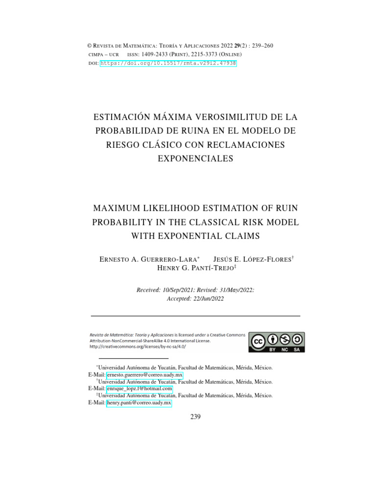 Estimación Máxima Verosimilitud de La Probabilidad de Ruina en El Modelo de Riesgo Clásico Con ...