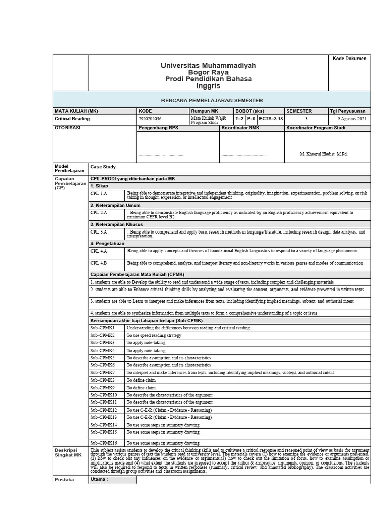 RPS Critical Reading UMBARA | PDF | Argument | Critical Thinking