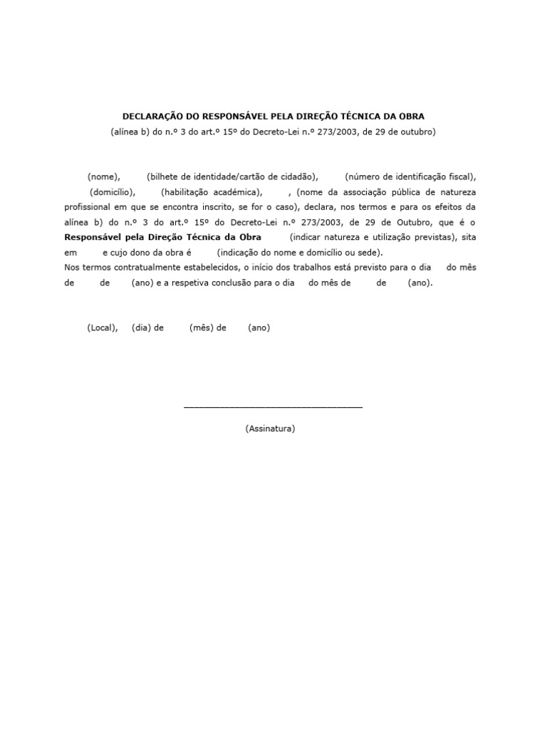 Declaração do responsável pela direção técnica da obra (3) | PDF Declaração do responsável pela direção técnica da obra (3) | PDF