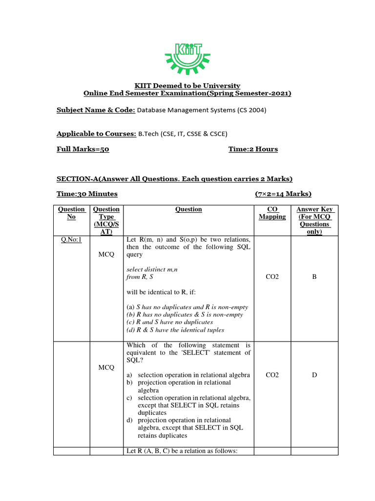 Database Management System Cs 2004 Spring Semester Examination 2021 Pdf Relational
