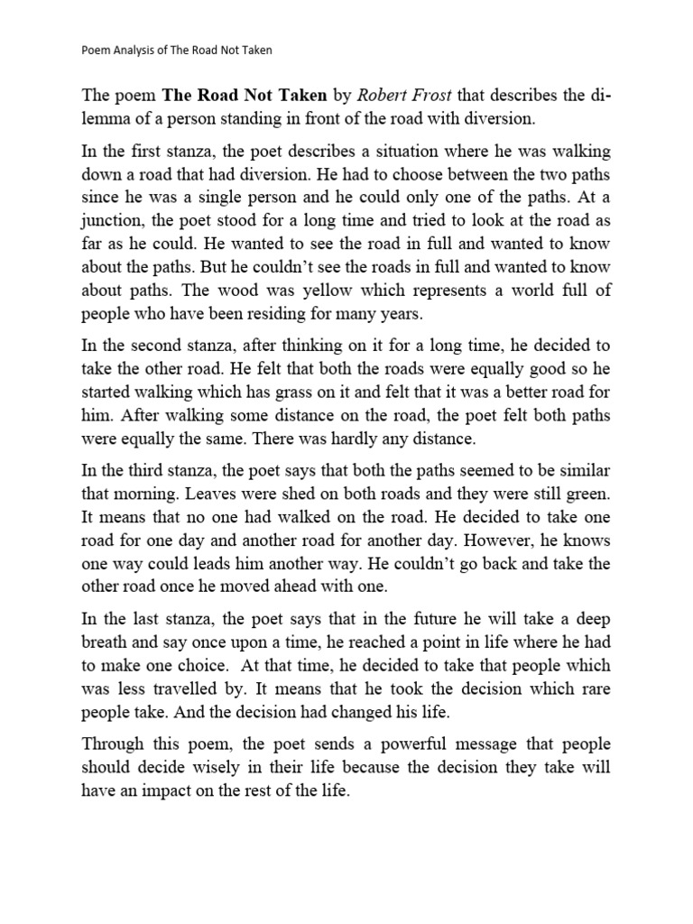 Poem Analysis of The Road Not Taken | PDF | Poetry