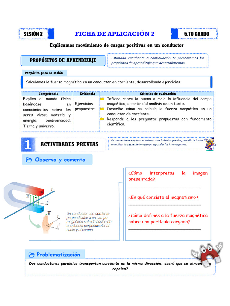 5° - Ficha - de - Aplicación-Sesión 2-Sem.1-Exp.7-Cyt | PDF | Corriente eléctrica | Fuerza