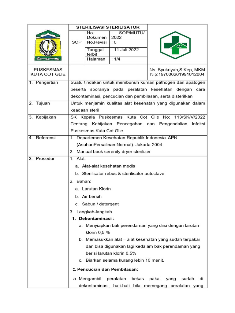 SOP Sterilisasi Alat Kesehatan | PDF | Griya & Taman
