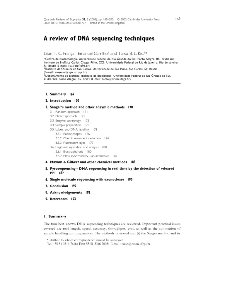 A Review of DNA Sequencing Techniques: Lilian T. C. Franc: A, Emanuel Carrilho and Tarso B. L ...
