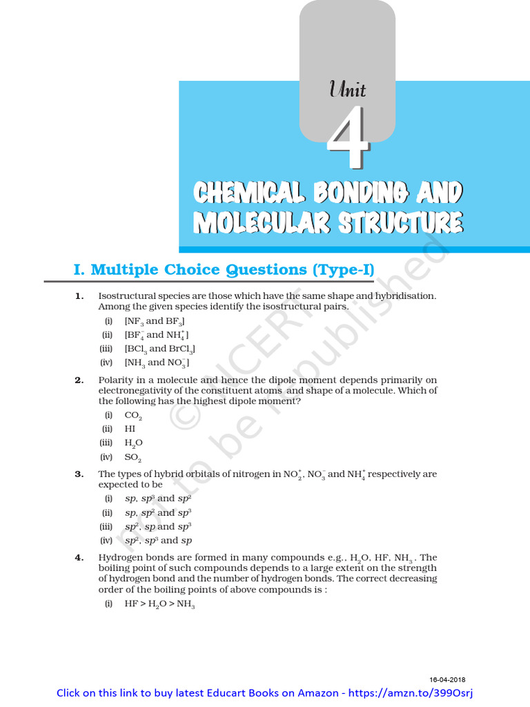 Chemistry MCQs for Students | PDF | Chemical Bond | Molecules