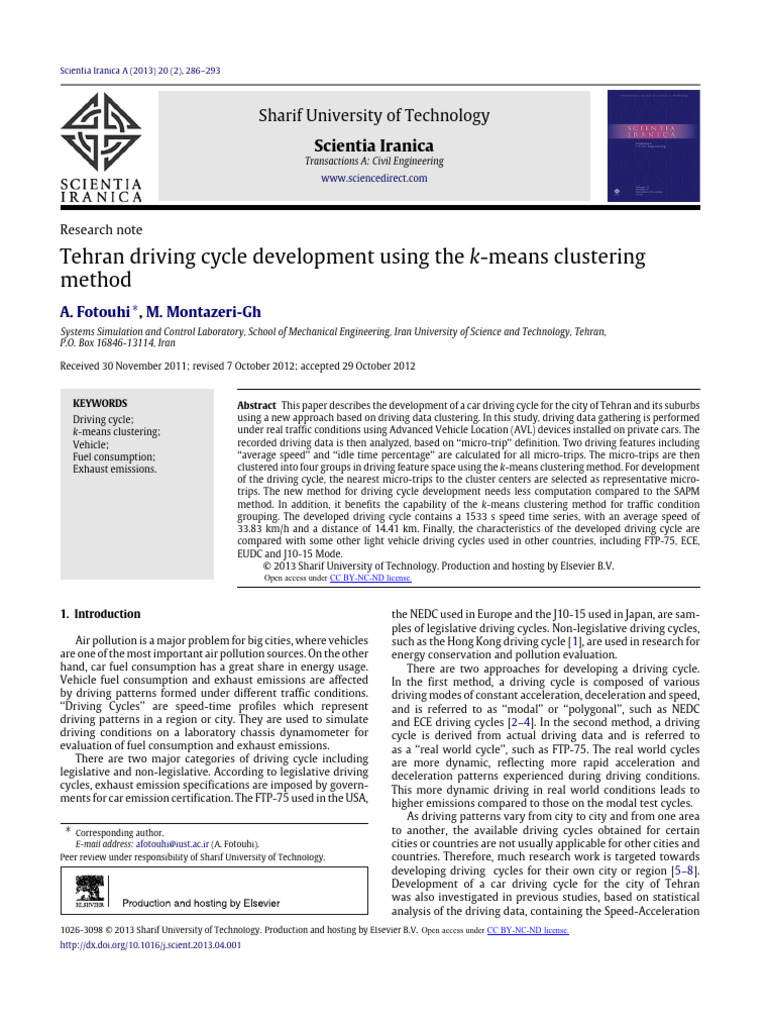 Tehran Driving Cycle Development Using The K-Means Clustering | PDF | Cluster Analysis