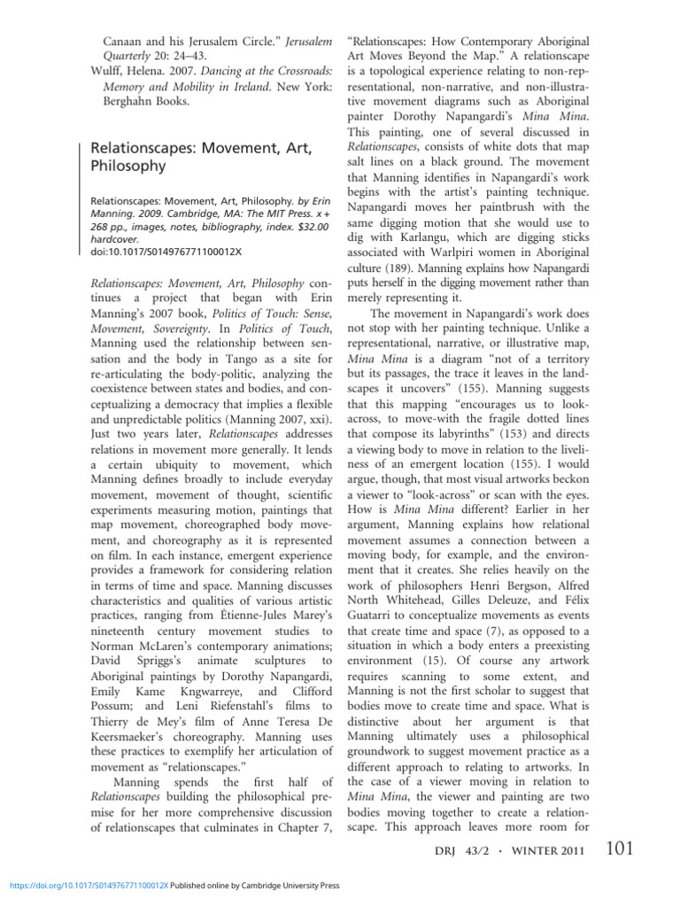Relationscapes Movement Art Philosophy by Erin Manning 2009 Cambridge Ma The Mit Press X 268 PP ...