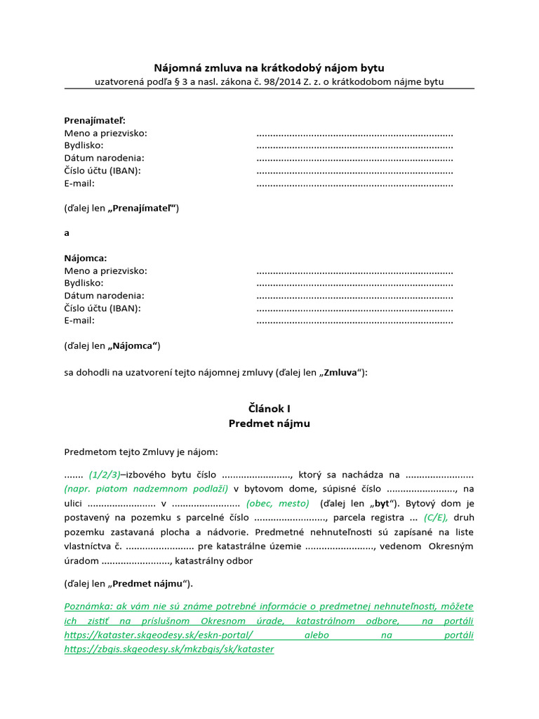 Najomna Zmluva Kratkodoby Najom Bytu Vzor Aktualizacia 2022 | PDF