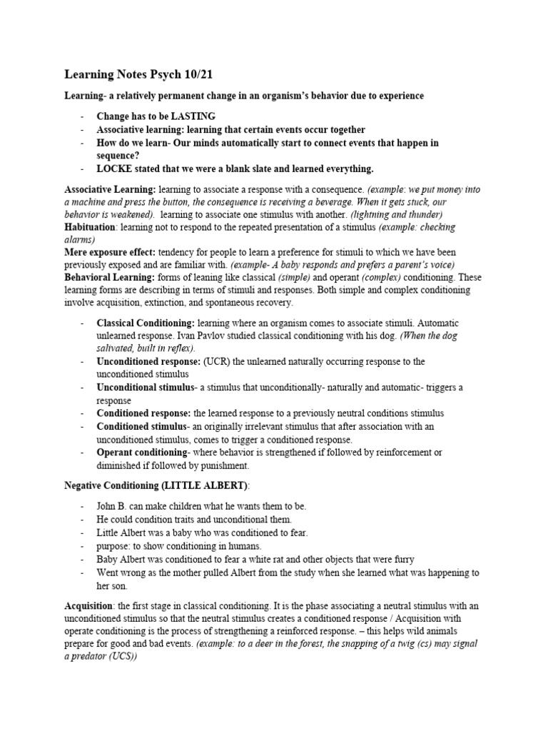 Learning Notes Psych | PDF | Classical Conditioning | Reinforcement Learning Notes Psych | PDF | Classical Conditioning | Reinforcement