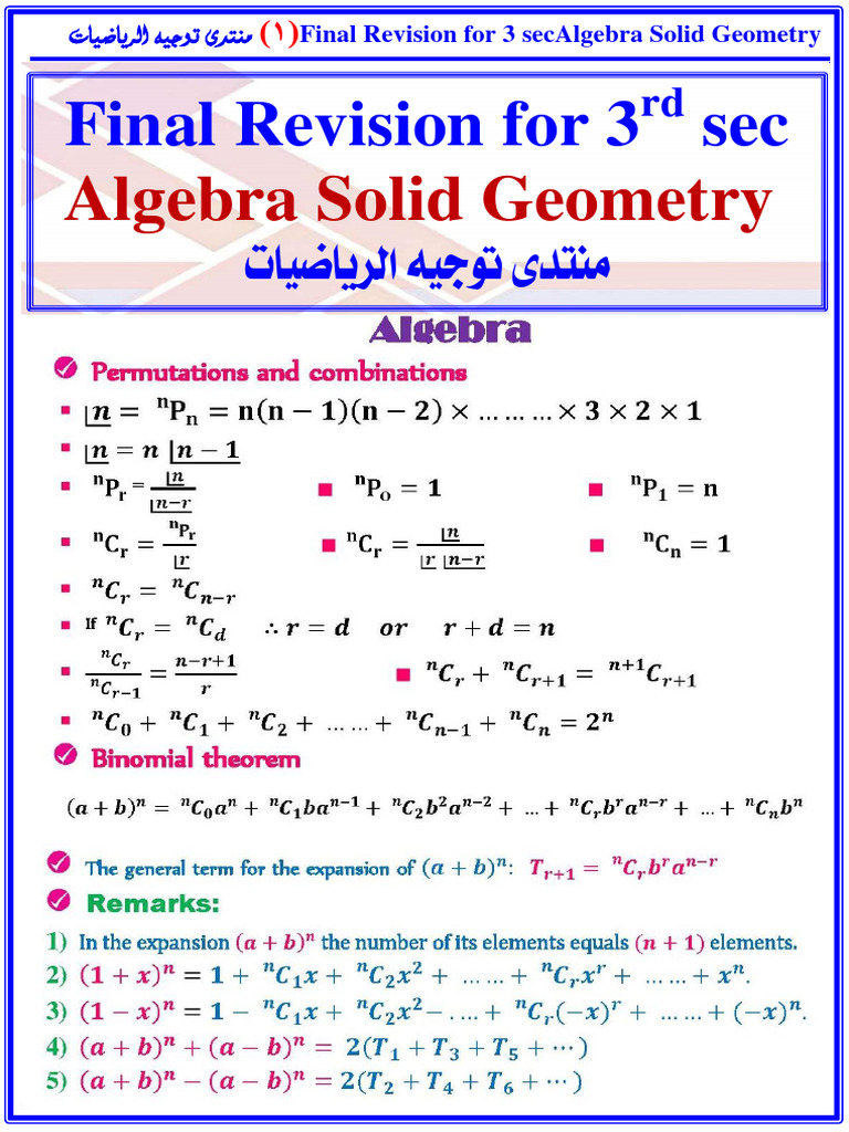 Final Revision for 3rd secondary Algebra Solid Geometry-الامتحان التعليمى | PDF