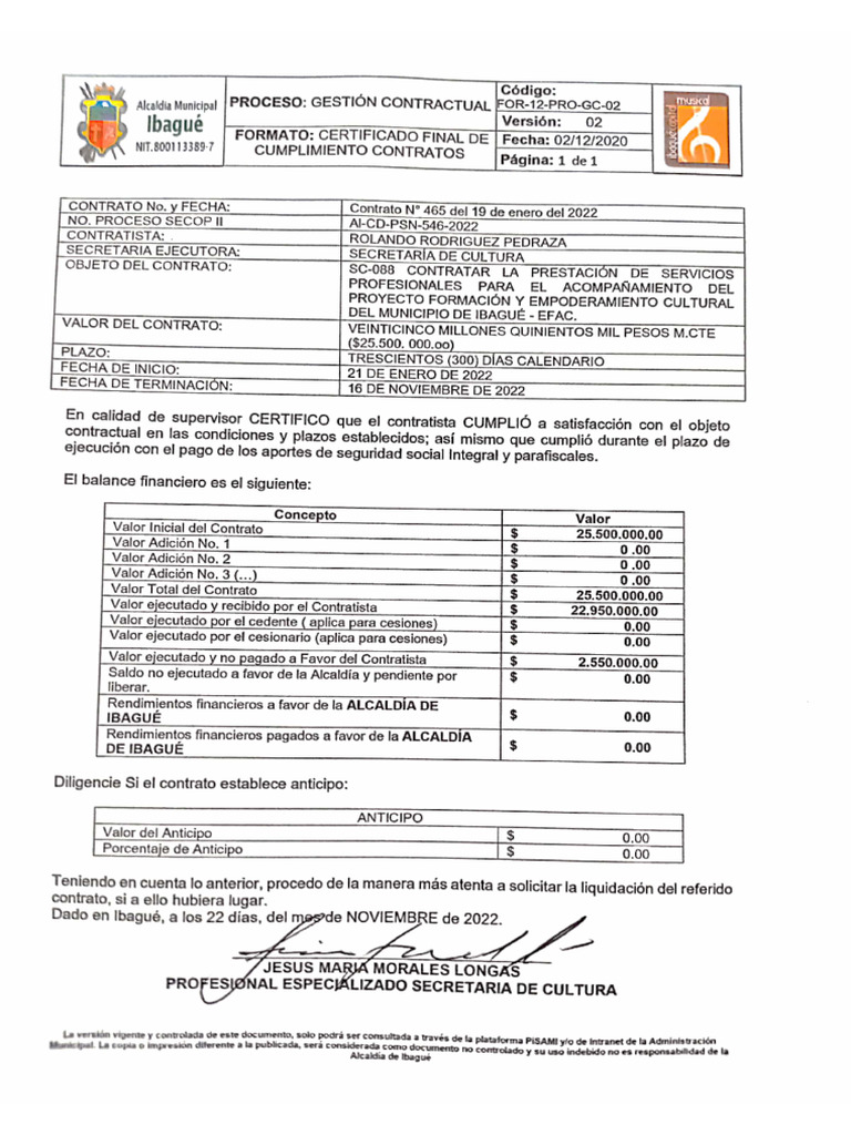 CERTIFICADO FINAL DE CUMPLIMIENTO 465 - ROLANDO RODRIGUEZ PEDRAZA | PDF