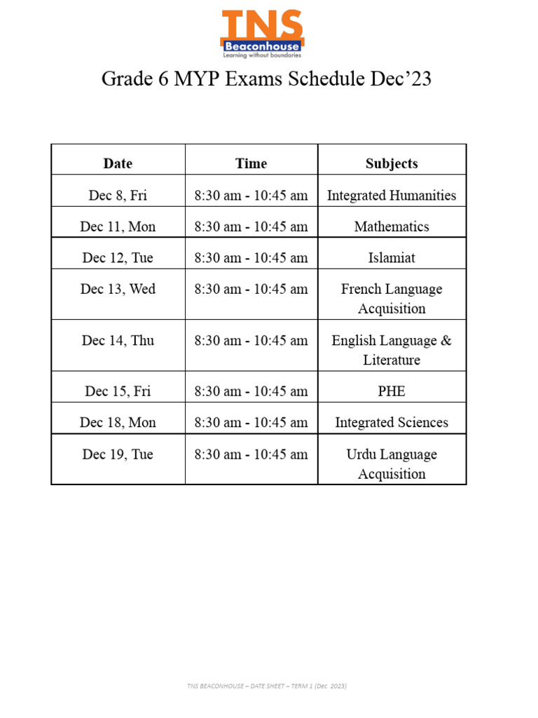 Grade 6 MYP Exam Schedule Dec 2023 | PDF | Social Science | Language ...