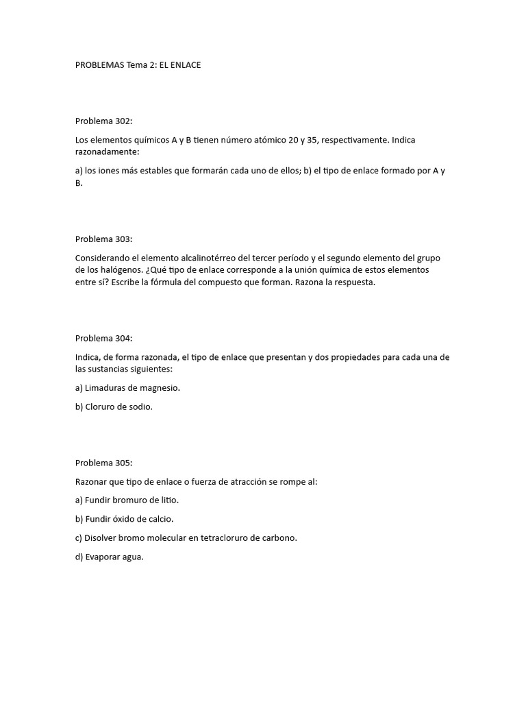 Ejercicios T2 El Enlace | PDF | Compuestos químicos | Enlace químico