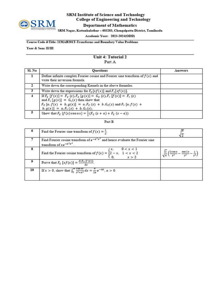 Unit4 - T2 - TBVP SRM Tutorial | PDF | Fourier Transform | Geometry