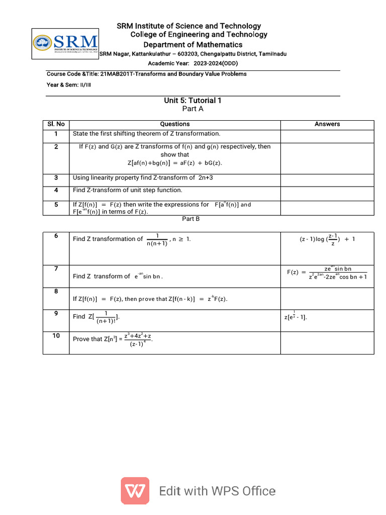Unit 5, Tutorial 1 TBVP SRM Tutorial | PDF | Mathematical Physics | Mathematical Relations