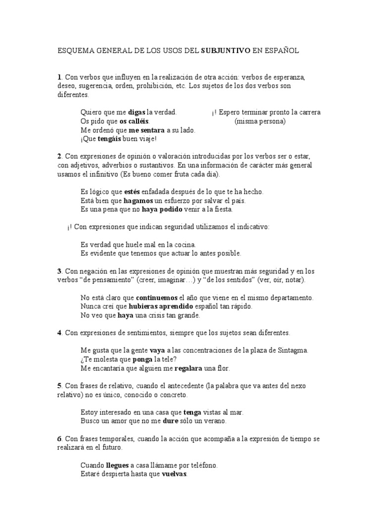 Esquema General de Los Usos Del Subjuntivo en Español | PDF | Verbo ...