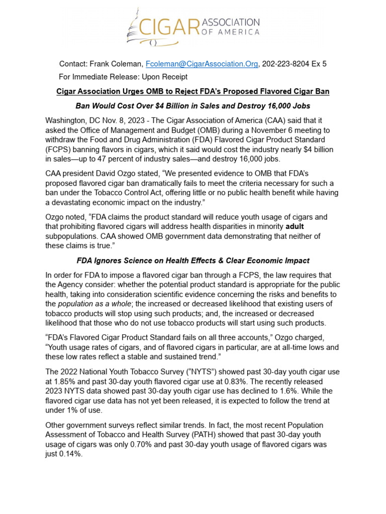 Cigar Association Opposes FDA Flavor Ban | PDF | Cigar | Food And Drug ...