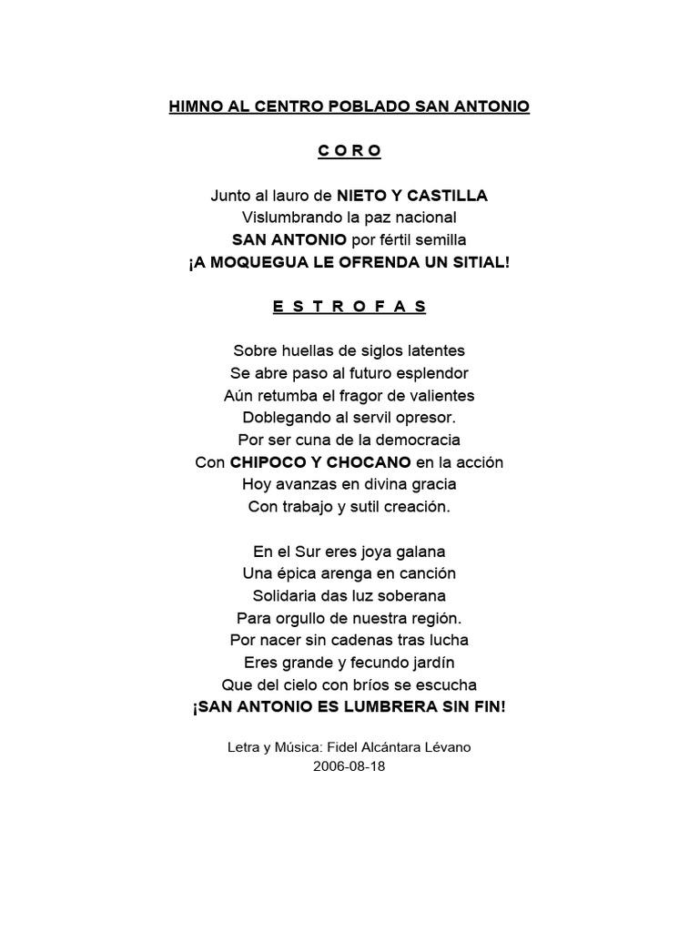 Letra Himno Al Centro Poblado San Antonio | PDF