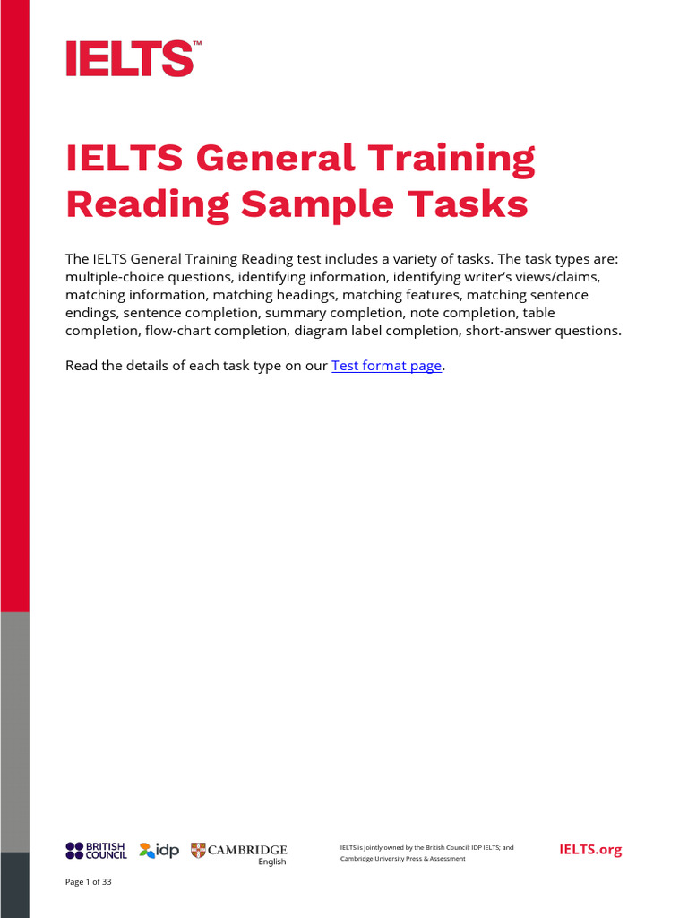 IELTS General Training Reading Tasks | PDF | International English ...