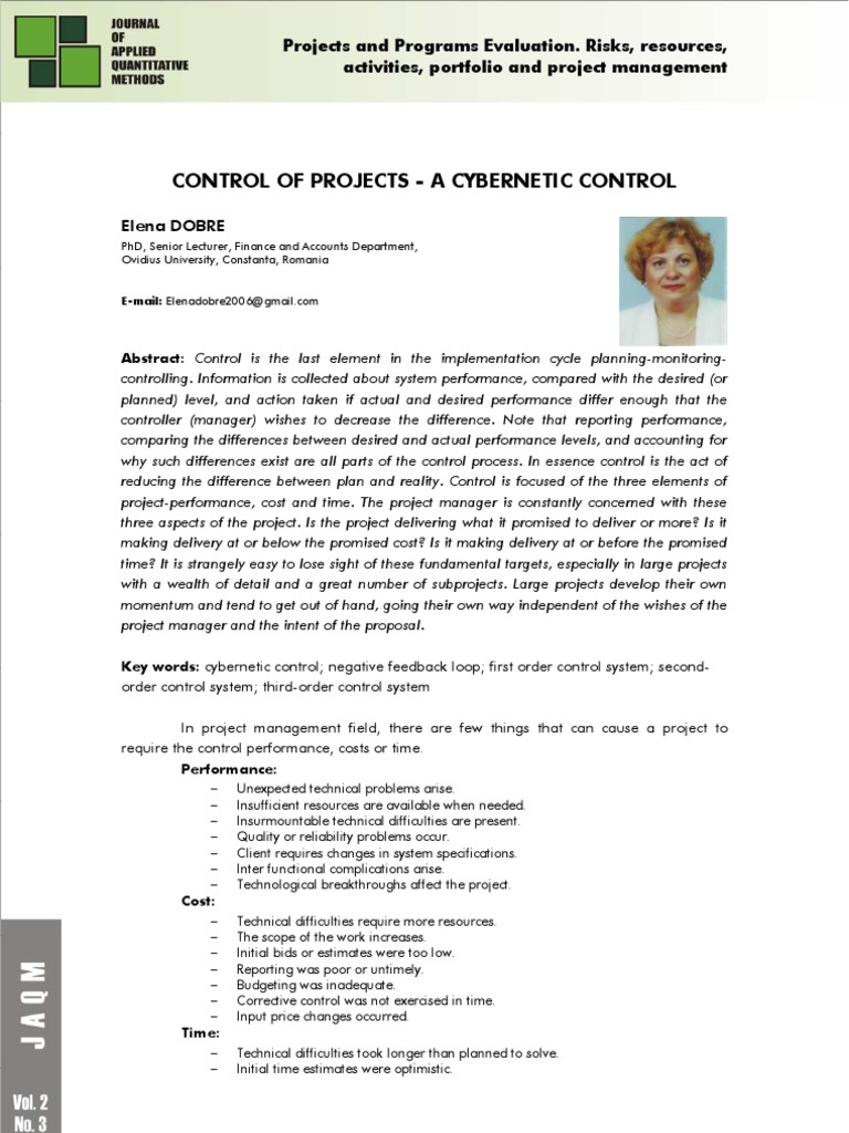 Control of Projects - A Cybernetic Control: Elena DOBRE | PDF | Control Theory | Control System