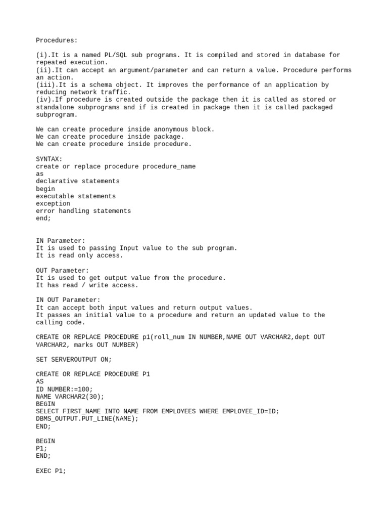 Procedures Plsql Pdf Parameter Computer Programming Pl Sql