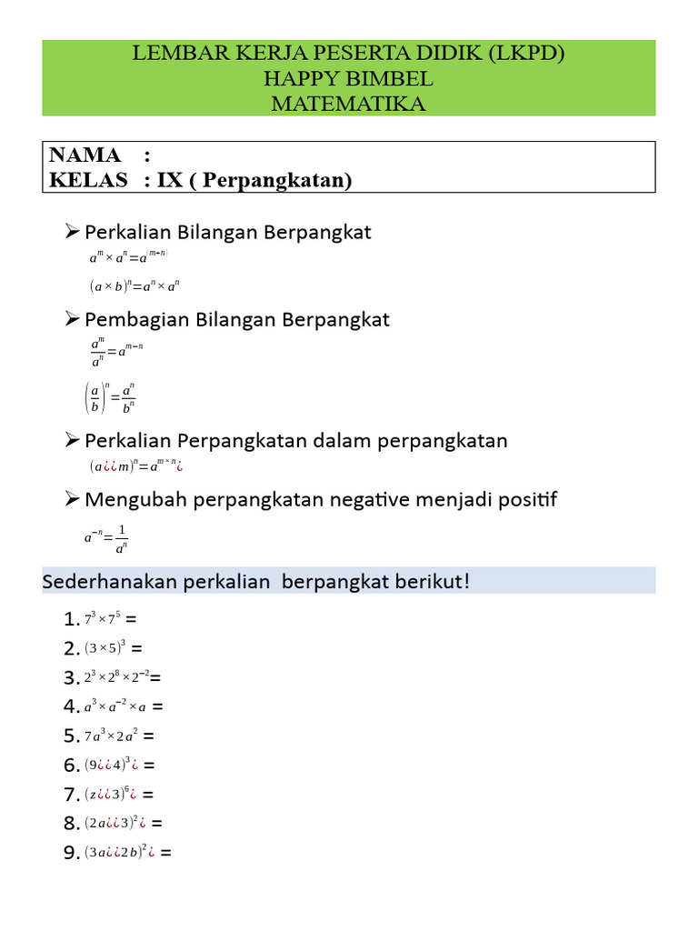 Perpangkatan dalam Matematika Kelas IX | PDF