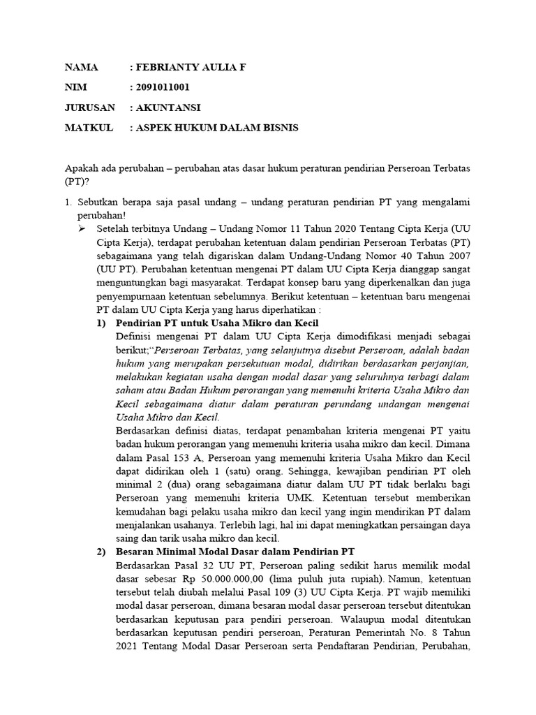 Tugas 2 Aspek Hukum Dalam Bisnis - Febrianty Aulia F (2091011001) | PDF